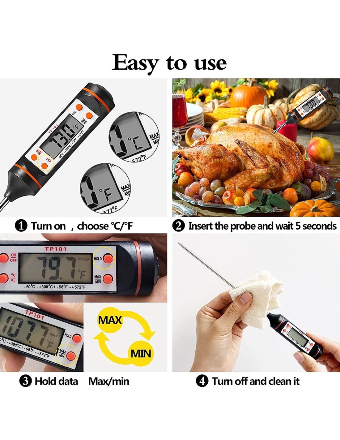 ⭐ Termómetro Digital Tp300 Multiuso Ideal Para Cocina Y Bbq